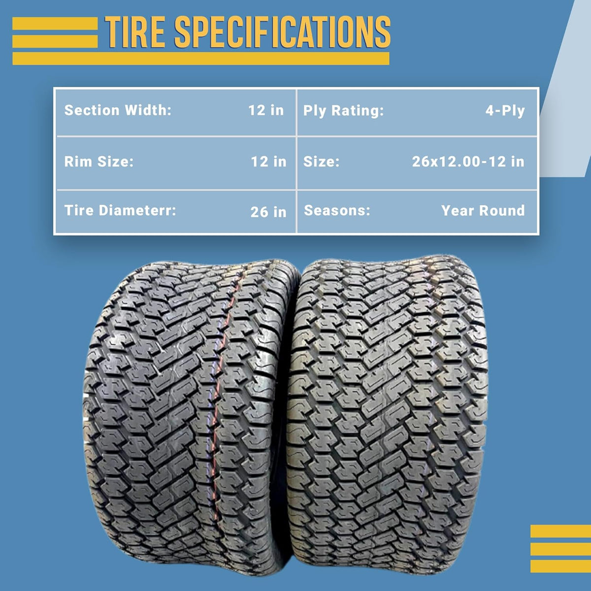 26x12.00-12 (26x12x12) Turf Mower Tires – S-Tread Pattern, 2 Pack Heav ...